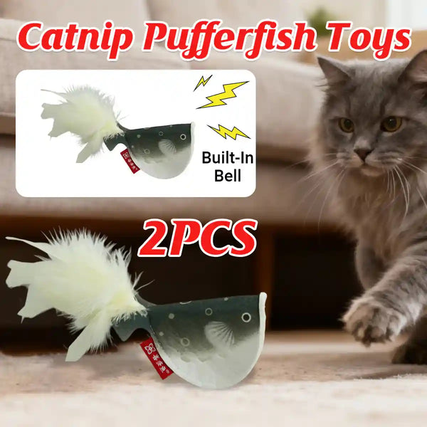 Irresistible Catnip Pufferfish Toy with Bell & Feathers | 2PCS Set ...