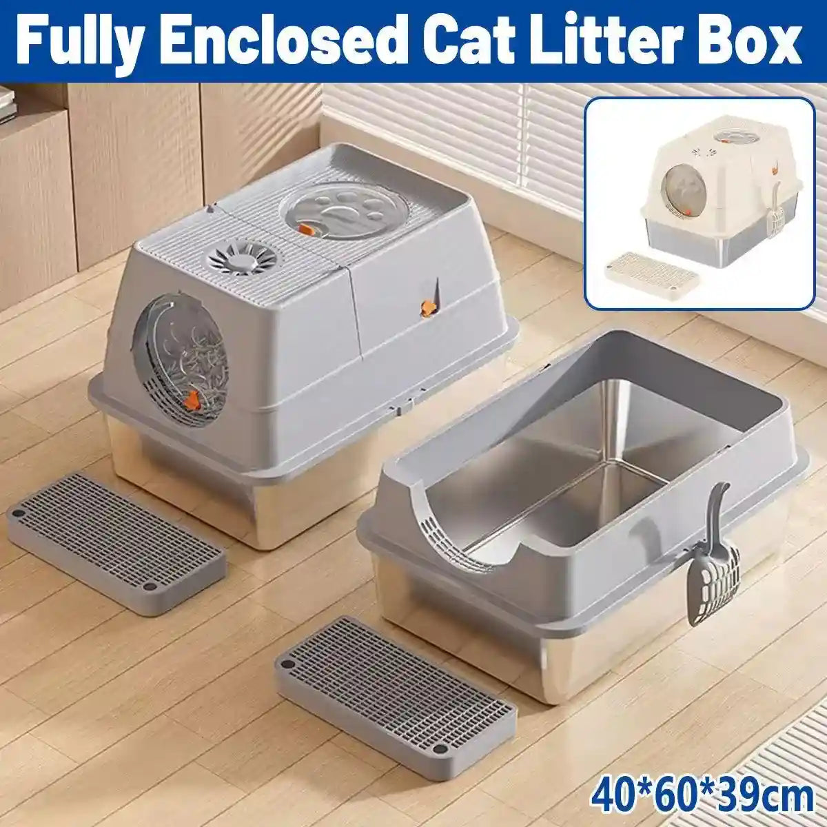 Enclosed Litter Box with Stainless Steel Base – Flip-Top & Odour ...