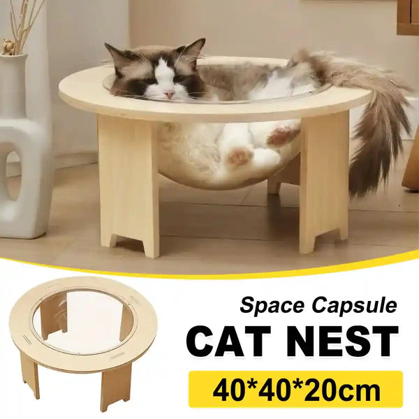 Space Capsule Cat Nest with Clear Bowl & Wood Base | Modern Pet Bed ...