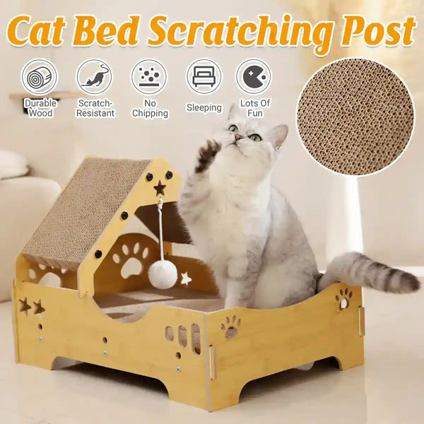 Cat Scratching Bed with Toy | Wooden Claw Care Lounge for Cats ...